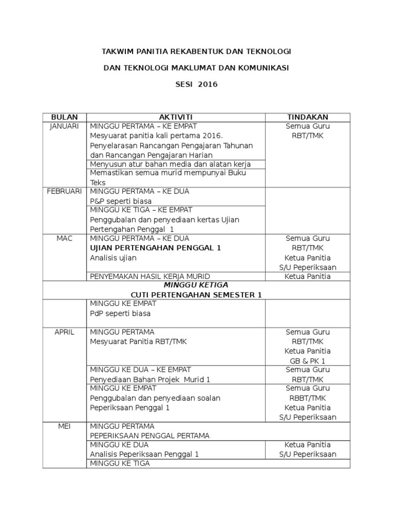 Takwim RBT Dan TMK 2016 | PDF