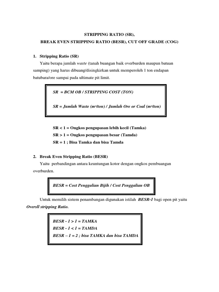 Stripping Ratio, Break Even Stripping Ratio, Cut Off Grade PDF | PDF
