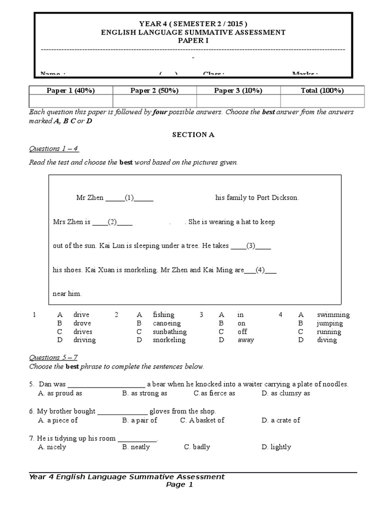 English Paper 1 Year 4 | PDF