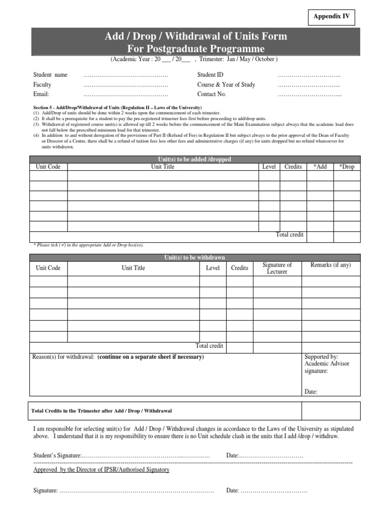 Add / Drop / Withdrawal of Units Form For Postgraduate Programme | PDF
