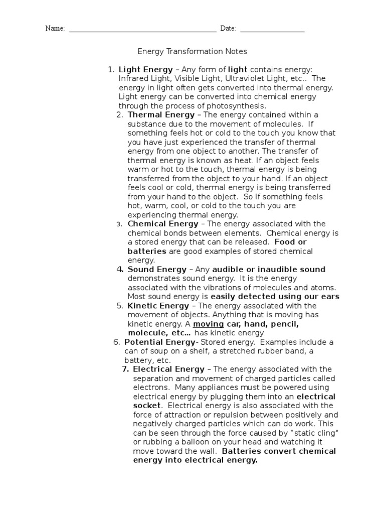 Energy Transformation Notes | PDF | Light | Molecules