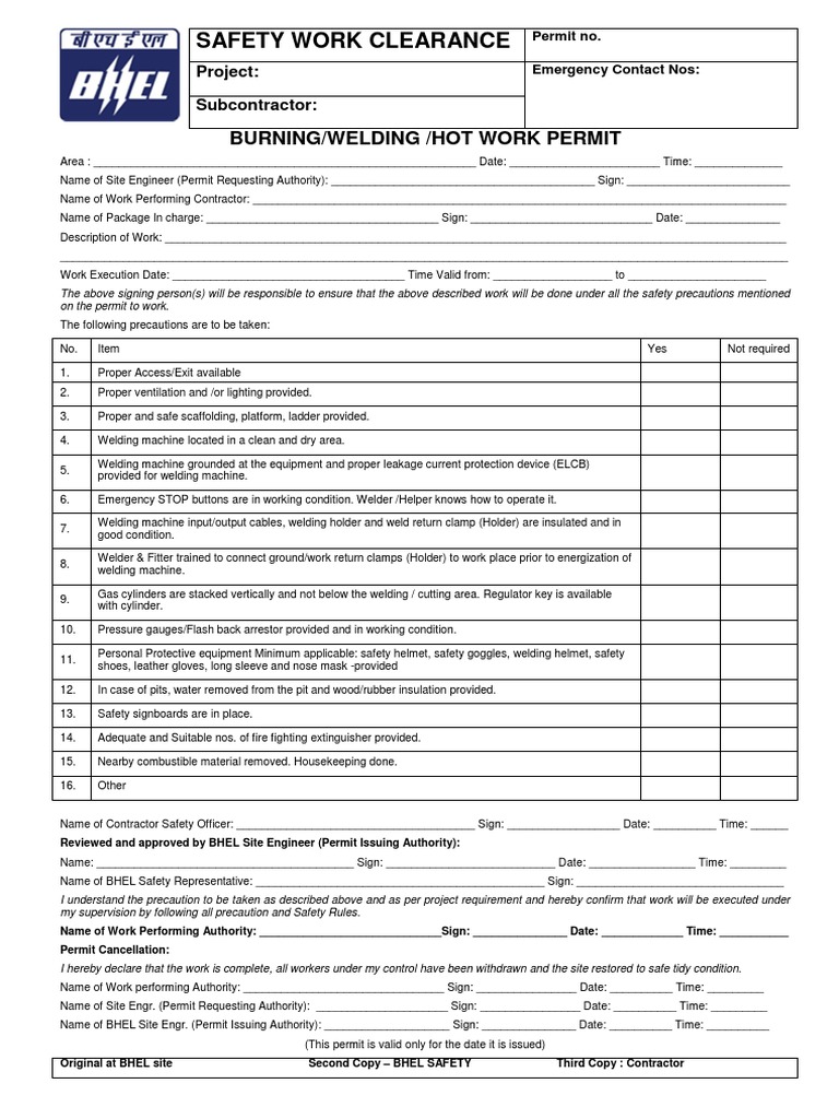 BHEL - Hot Work Permit | PDF