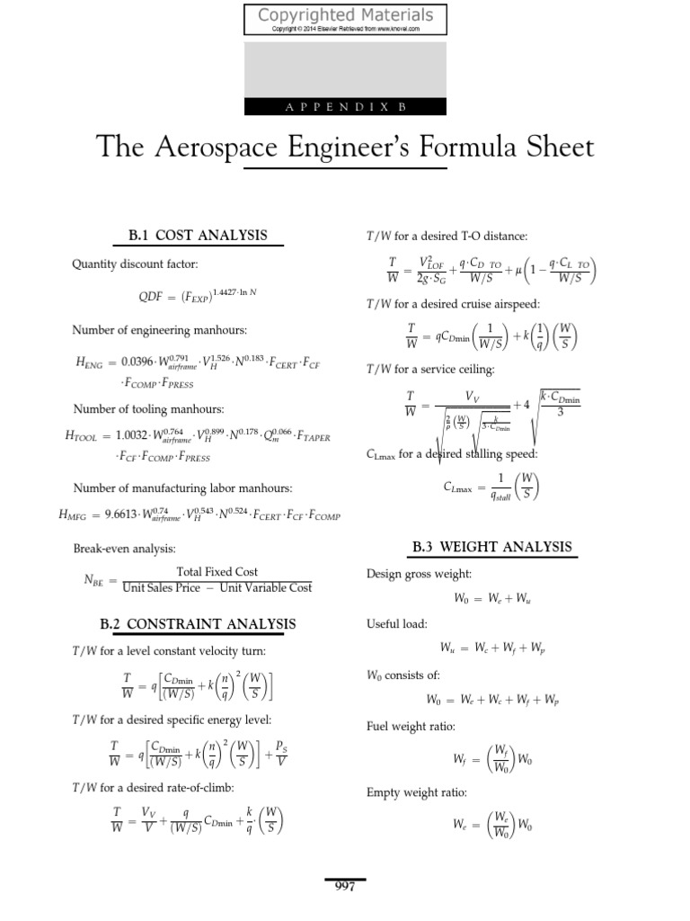Aerospace Engineering Formula Sheet | PDF | Volt | Physical Quantities