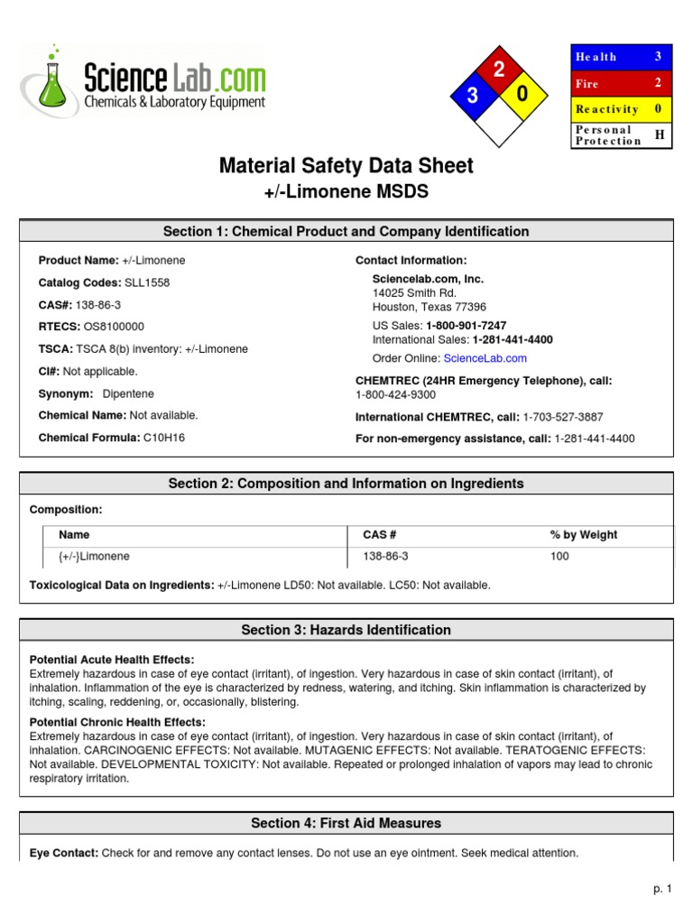+/-Limonene MSDS: Section 1: Chemical Product and Company Identification | PDF | Flammability ...