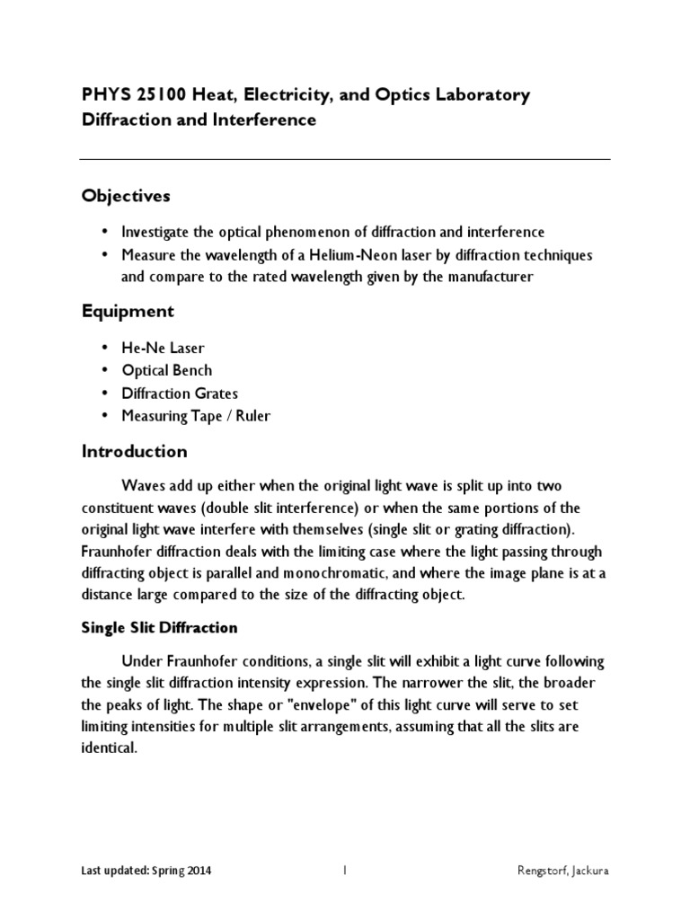 Diffraction and Interference Lab Guide | PDF | Diffraction ...