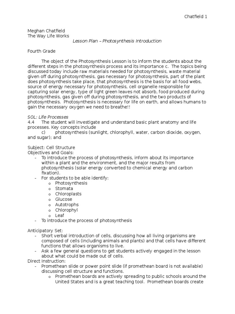 Fourth Grade Photosynthesis Lesson Plan | PDF | Photosynthesis | Plants