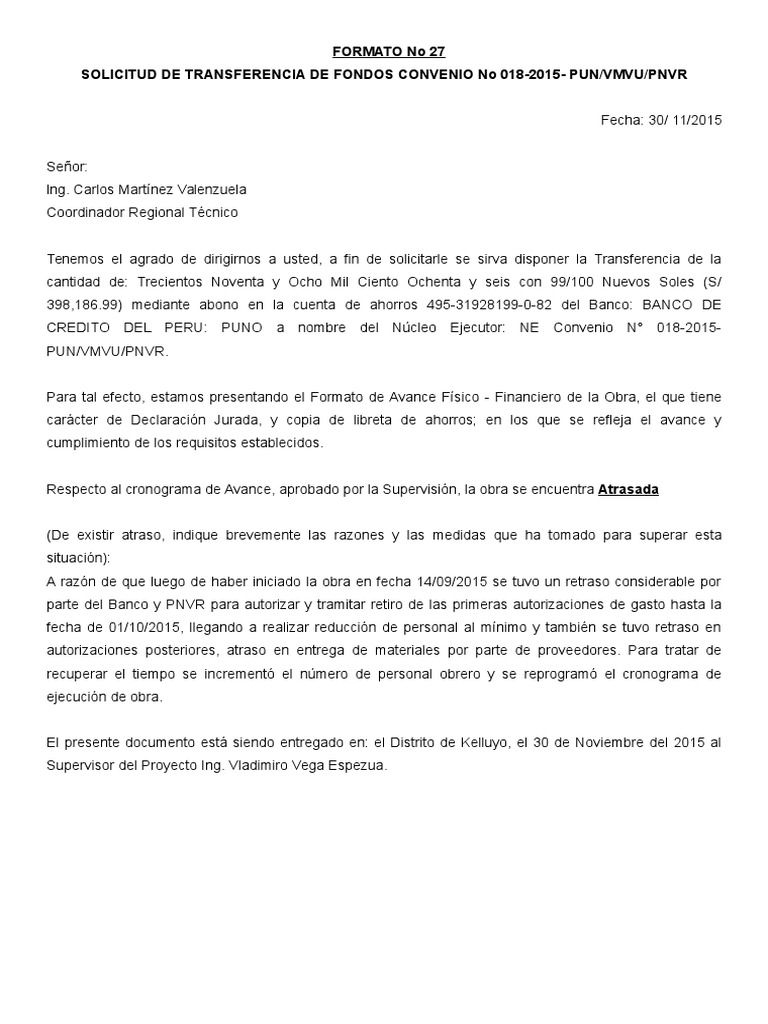 Formato 27 Solicitud de Transferencia de Fondos | PDF
