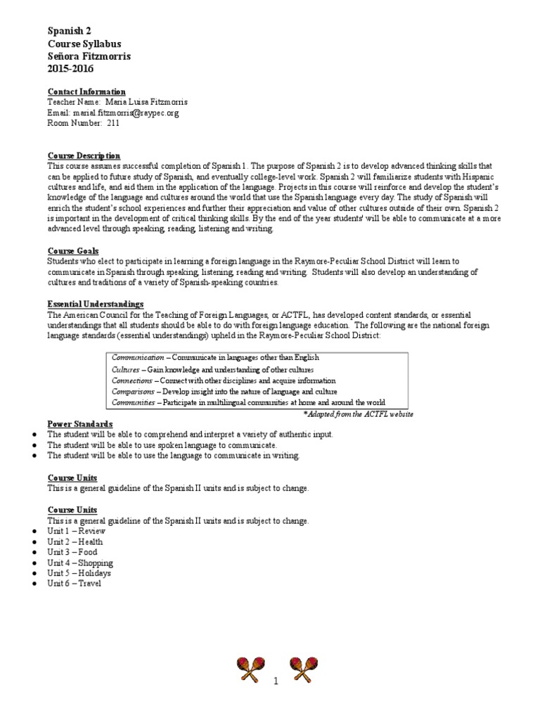 Spanish 2 Syllabus Fitzmorris Raypec | PDF | Educational Assessment ...