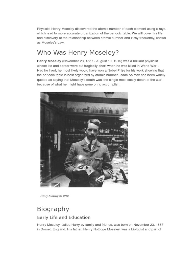 Physicist Henry Moseley Discovered the Atomic Number of Each Element ...