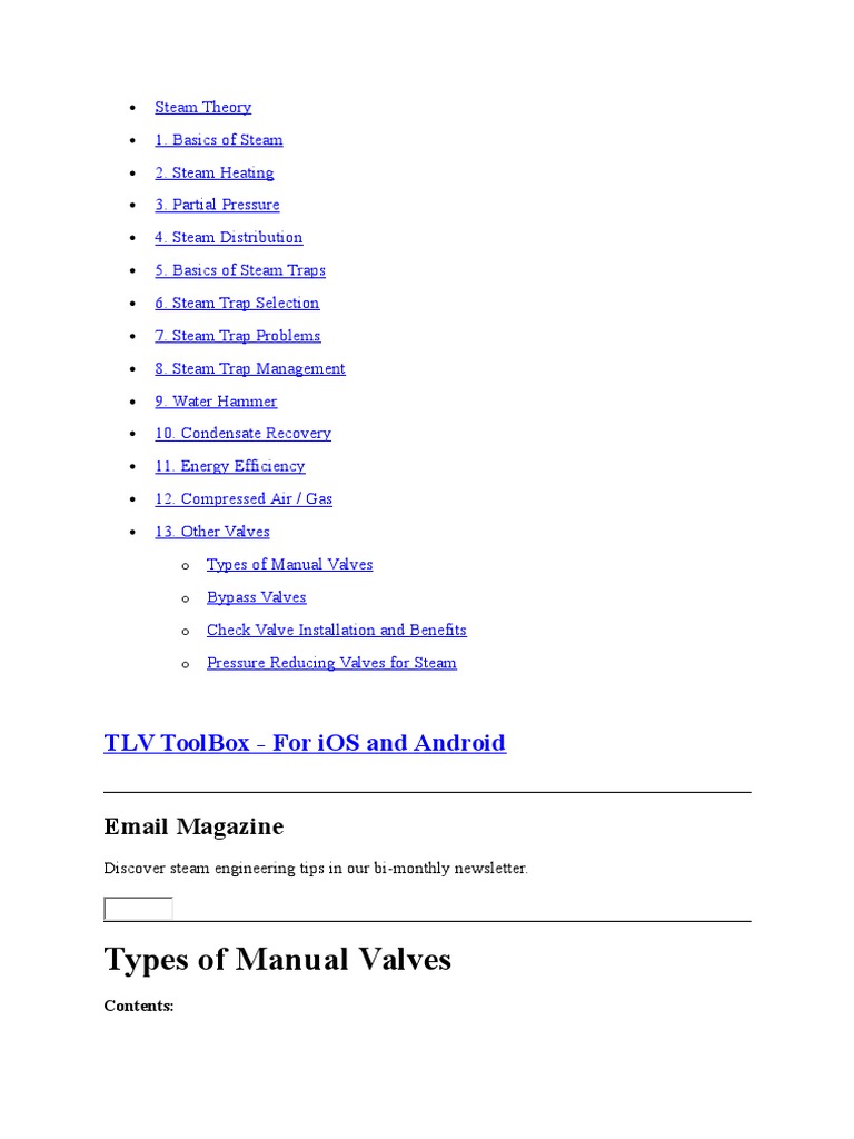 Types of Manual Valves: TLV Toolbox - For Ios and Android | PDF | Valve | Gases