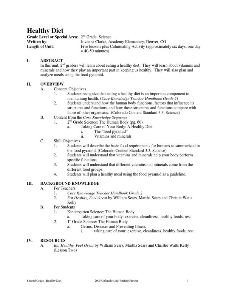 Second Grade Healthy Diet Unit Plan | PDF | Healthy Diet | Foods