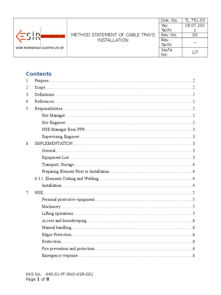 Method Statement For Cable Trays | PDF | Personal Protective Equipment ...