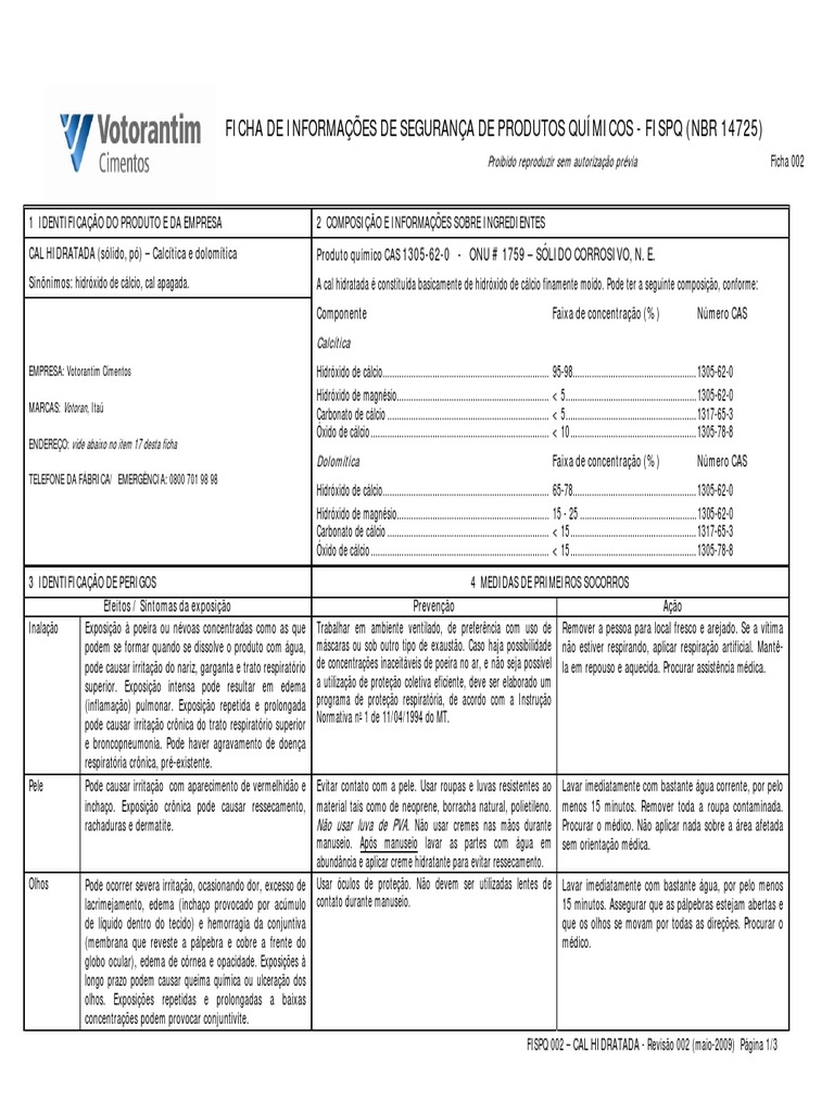 FISPQ Cal Hidratado | PDF | Umidade | Cálcio