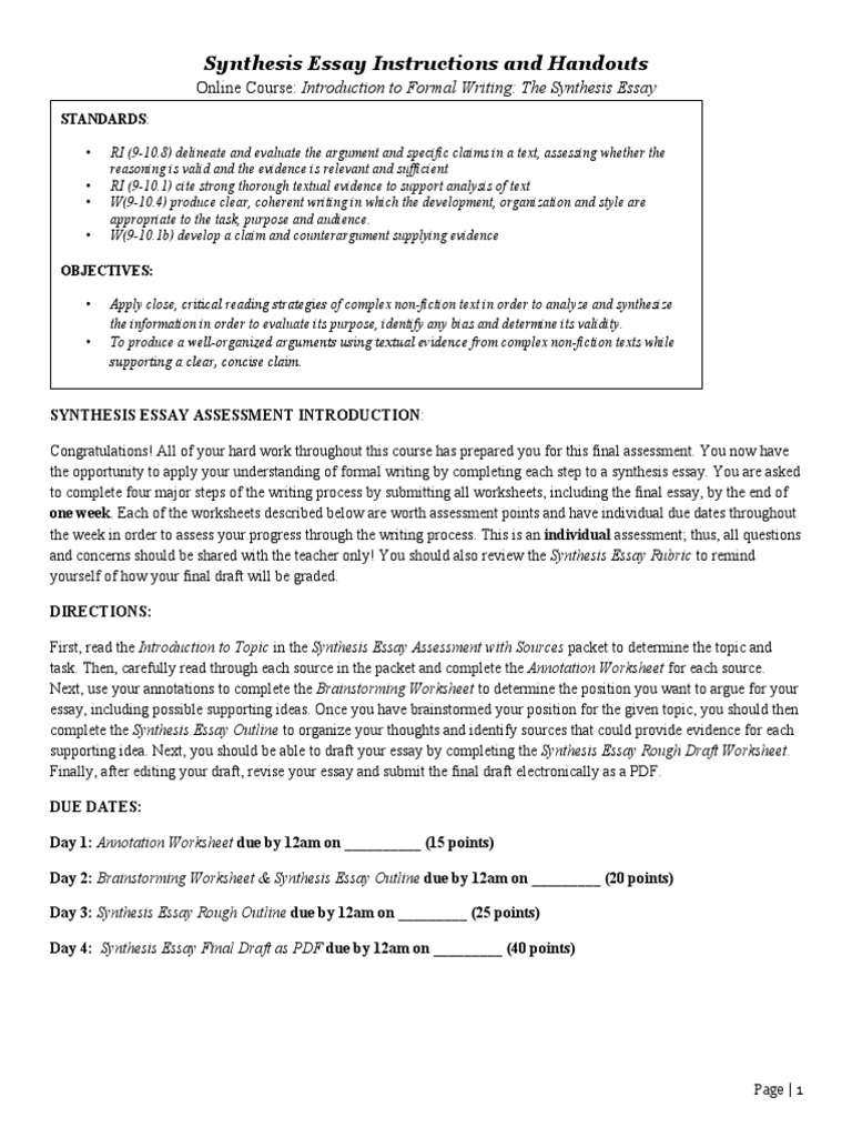 Synthesis-Essay-Instructions-And-Worksheets 1 | PDF | Educational ...