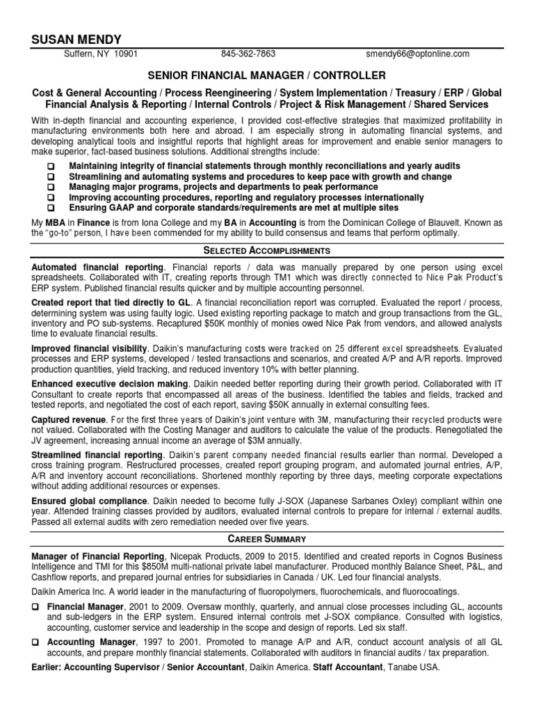 Senior Financial Manager Controller in New York City Resume Susan Mendy ...