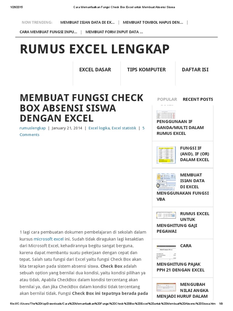 Cara Memanfaatkan Fungsi Check Box Excel Untuk Membuat Absensi Siswa ...