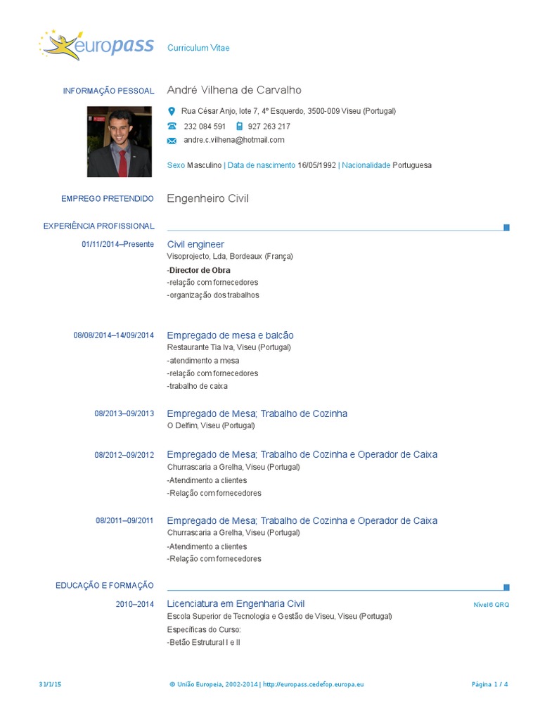 Europass CV 20150131 VilhenaDeCarvalho PT | PDF | Portugal | Engenharia