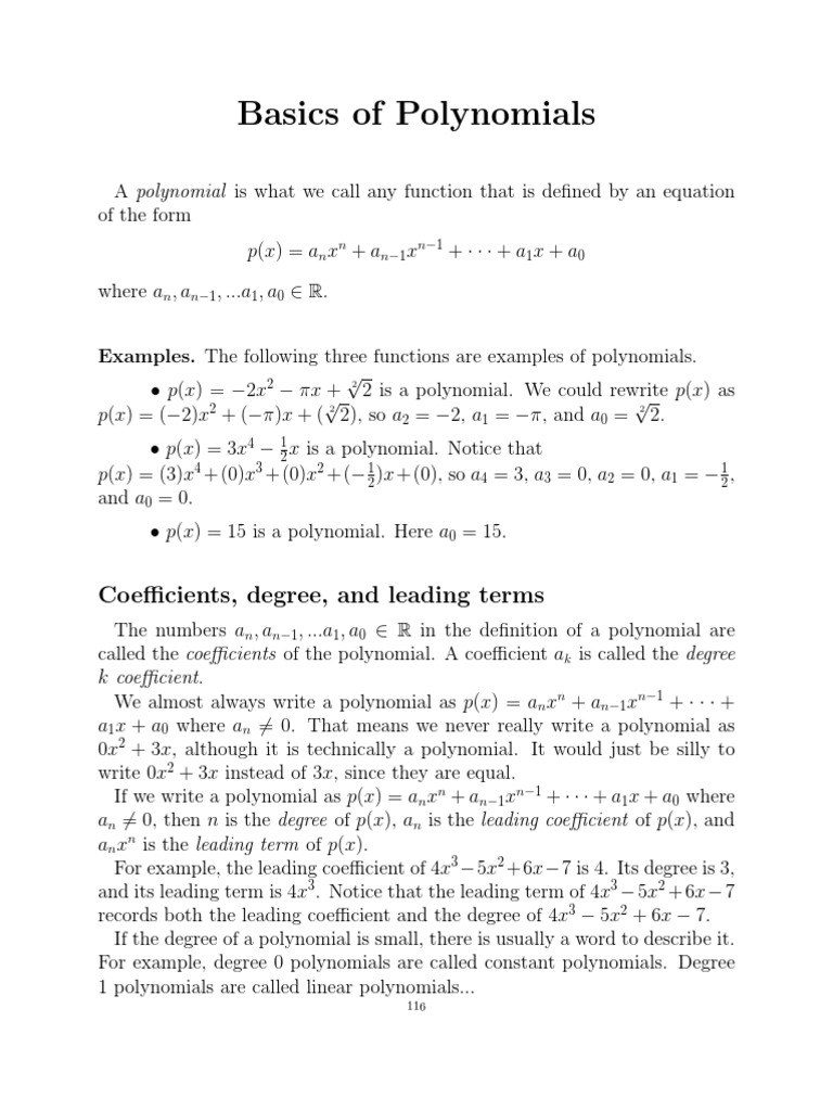 Basics Of Polynomials Coefficients Degree And Leading Terms Pdf 5047