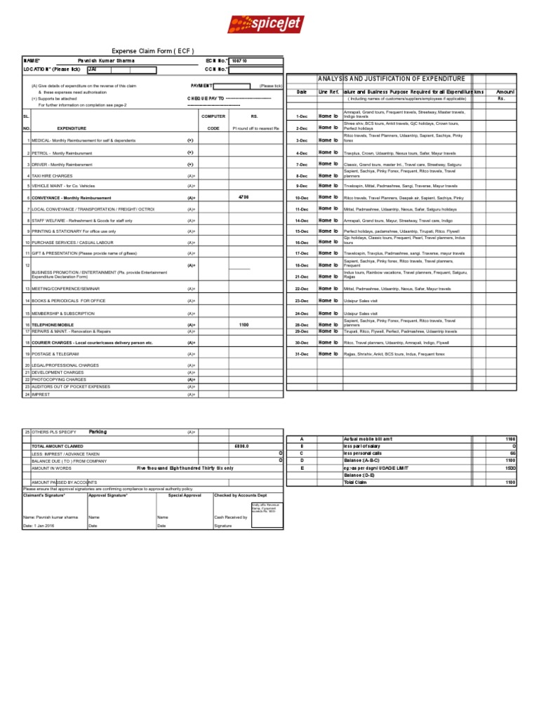 Expense Claim Form (ECF) : Pavnish Kumar Sharma JAI | PDF | Transport ...