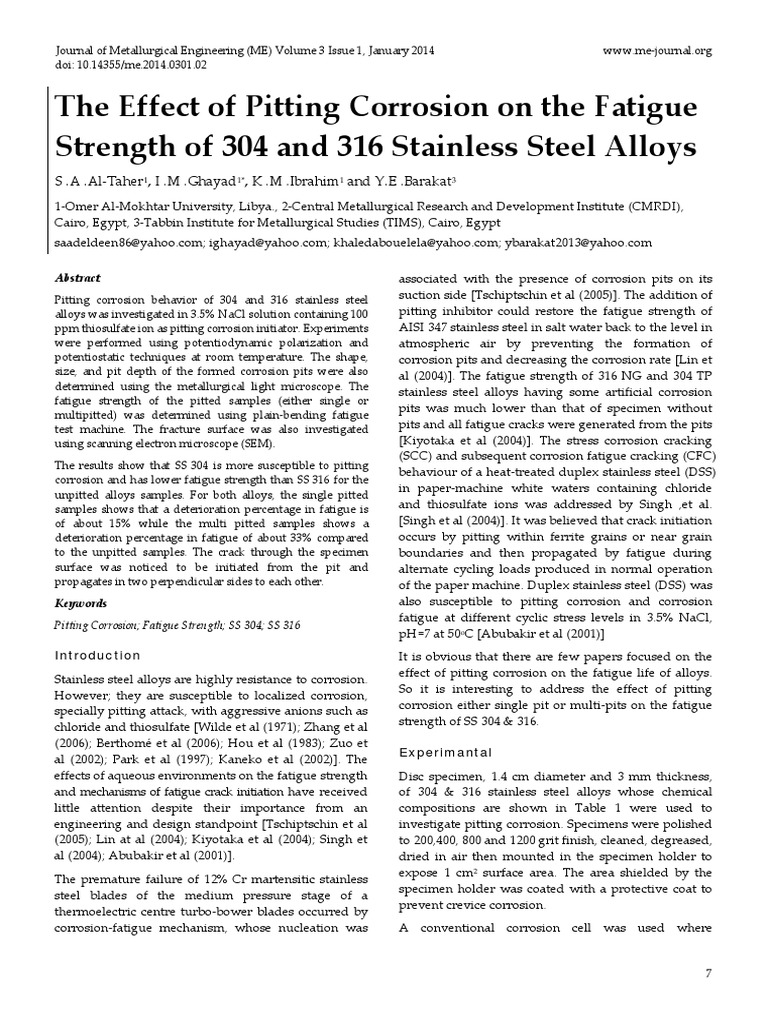 The Effect of Pitting Corrosion On The Fatigue Strength of 304 and 316 ...
