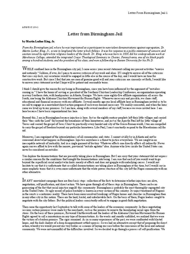 Letter From Birmingham Jail Full Text | PDF | Martin Luther King Jr ...
