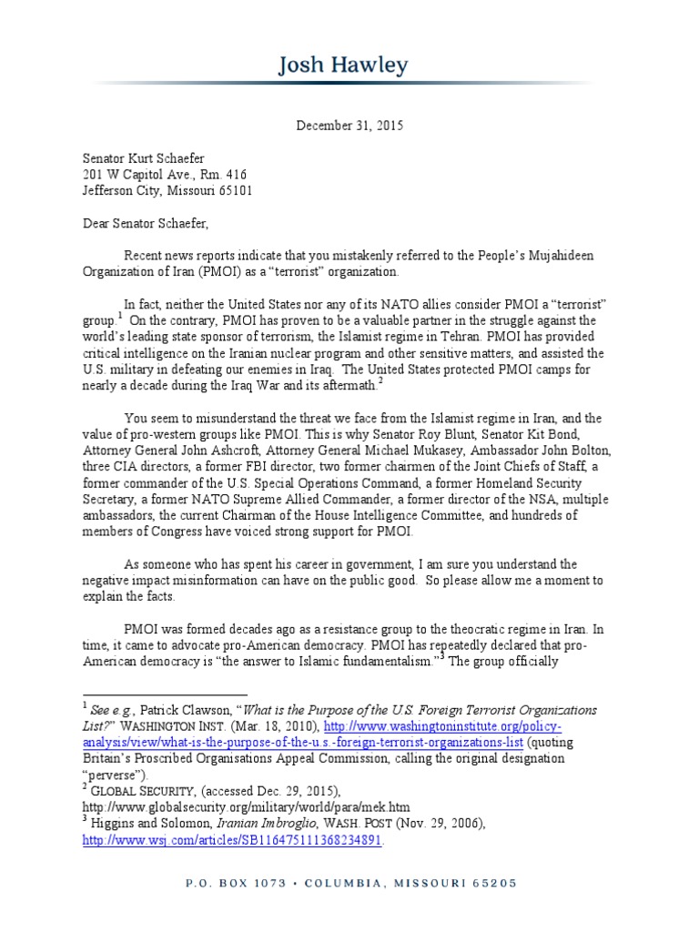 Hawley Letter To Schaefer | PDF | International Relations | Government ...