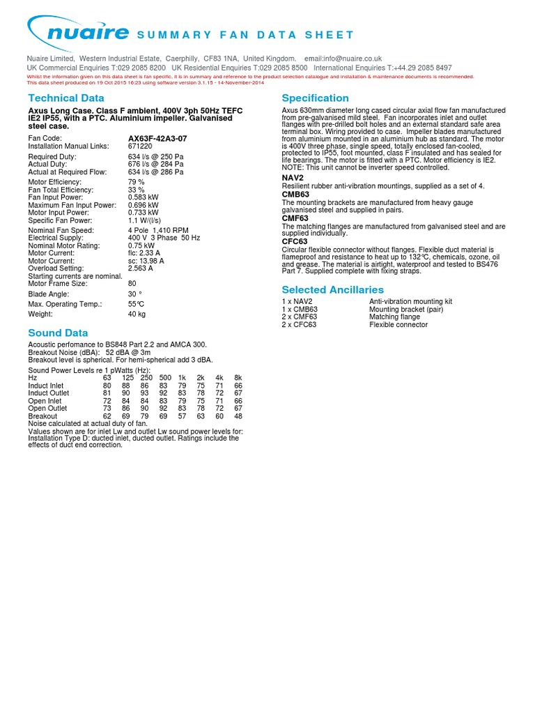 Summary Fan Data Sheet | PDF | Mechanical Fan | Electrical Wiring
