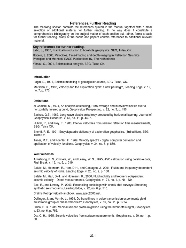 Key References For Further Reading | PDF | Reflection Seismology ...