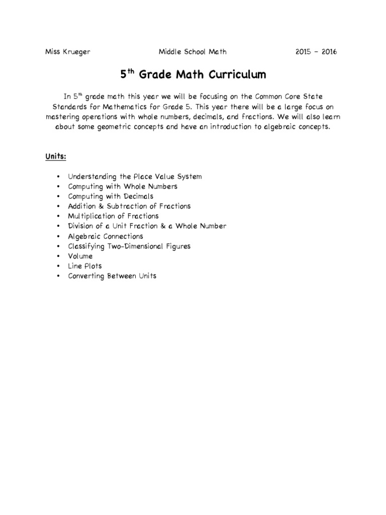 5th Grade Math Curriculum Overview | PDF | Career & Growth | Teaching ...