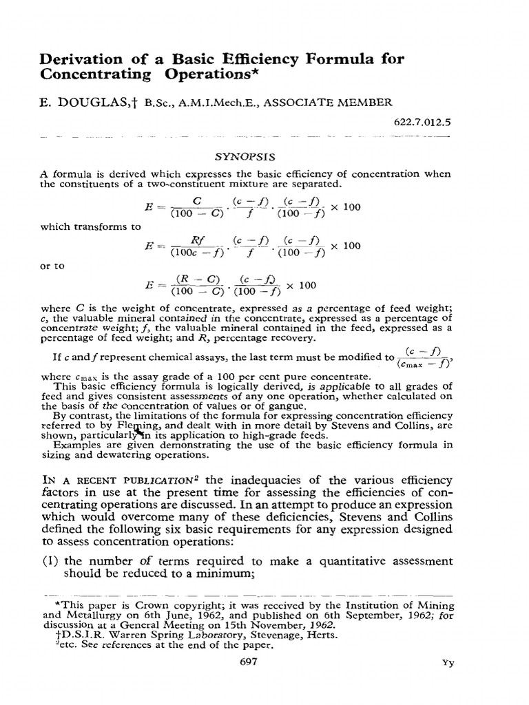 Derivation of A Basic Efficiency Formula For Concentrating Operations ...