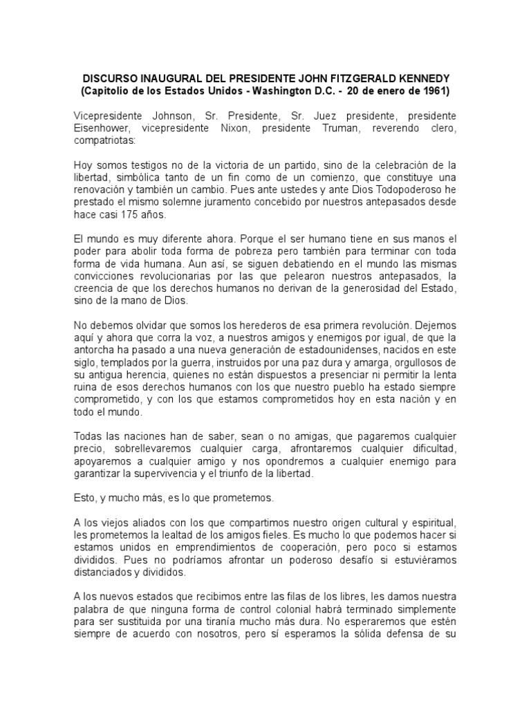 Discurso Inaugural Del Presidente John Kennedy | PDF | John F. Kennedy | Pobreza