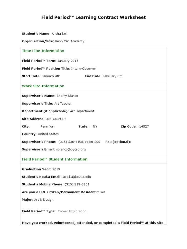 Field Period Learning Contract: Alisha Bell | PDF | Career & Growth