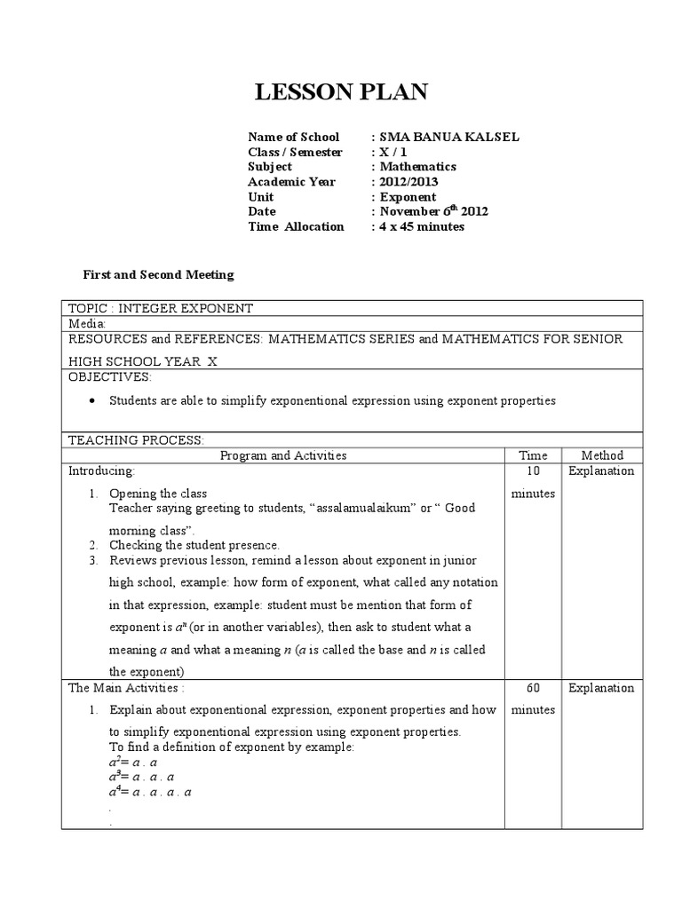 LESSON PLAN Integer Exponent (Wantini) | PDF | Fraction (Mathematics ...