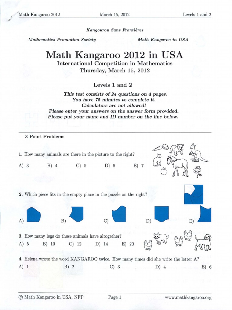 Math Kangaroo 2012 Level 1 2 Contest | PDF