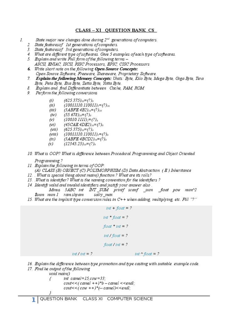 Xi Cs Question Bank Updated | PDF | Integer (Computer Science) | Data Type