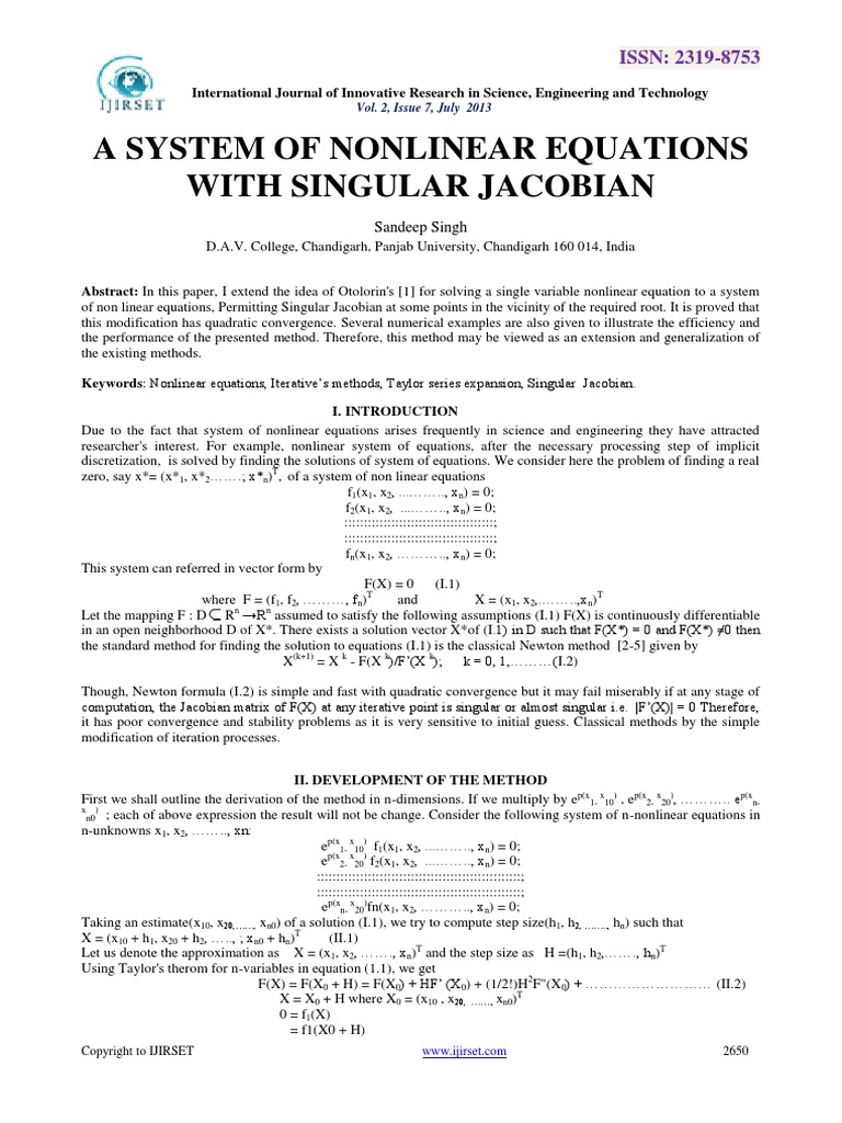 A System of Nonlinear Equations With Singular Jacobian: ISSN: 2319-8753 | PDF | Equations ...