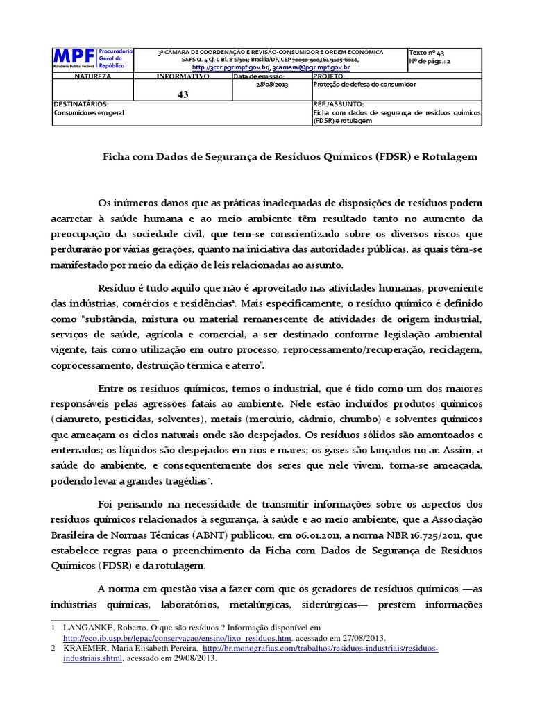 Ficha Com Dados de Seguranca de Residuos Quimicos - FDSR - e Rotulagem ...