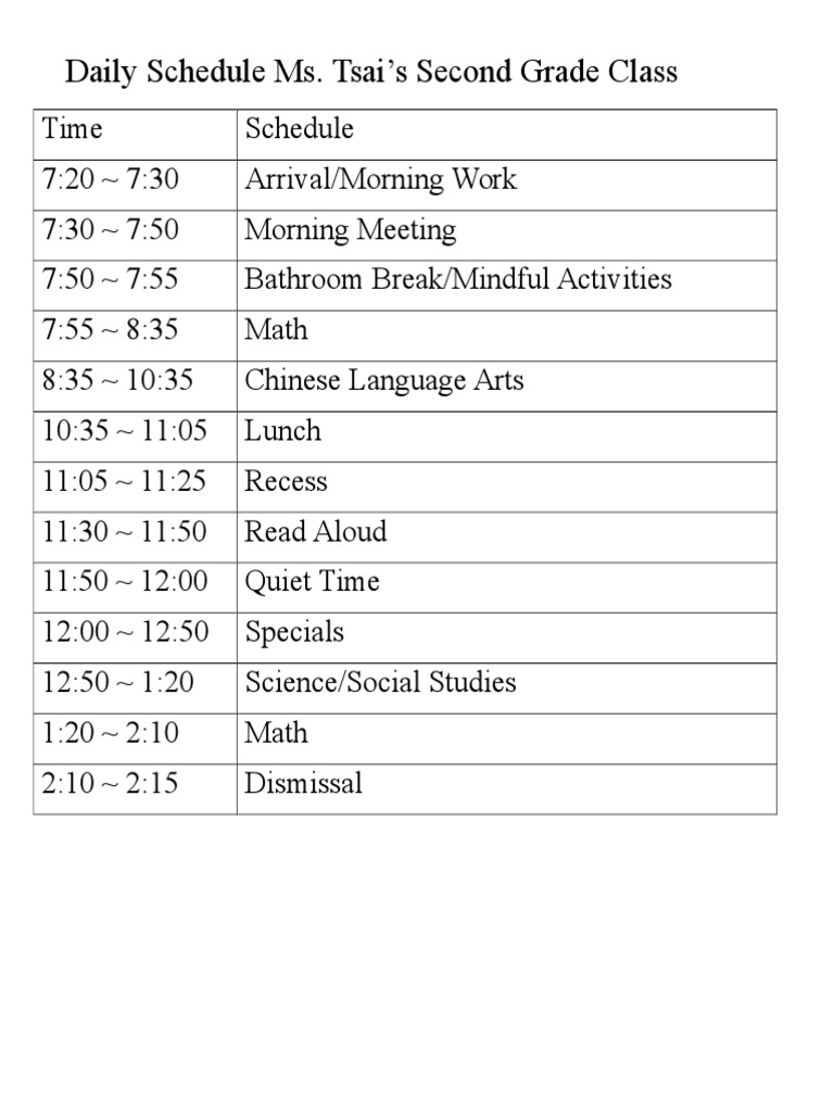 Second Grade Daily Schedule | PDF