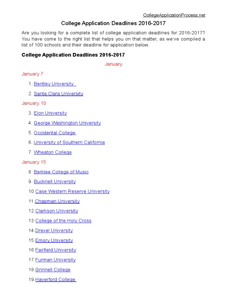 College Application Deadlines 2016-2017 | PDF | Academic Institutions ...