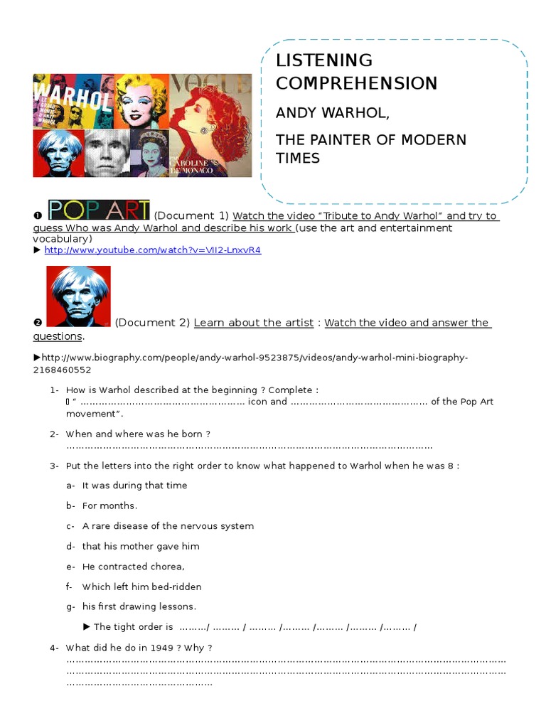 Listening Comprehension Andy Warhol | PDF