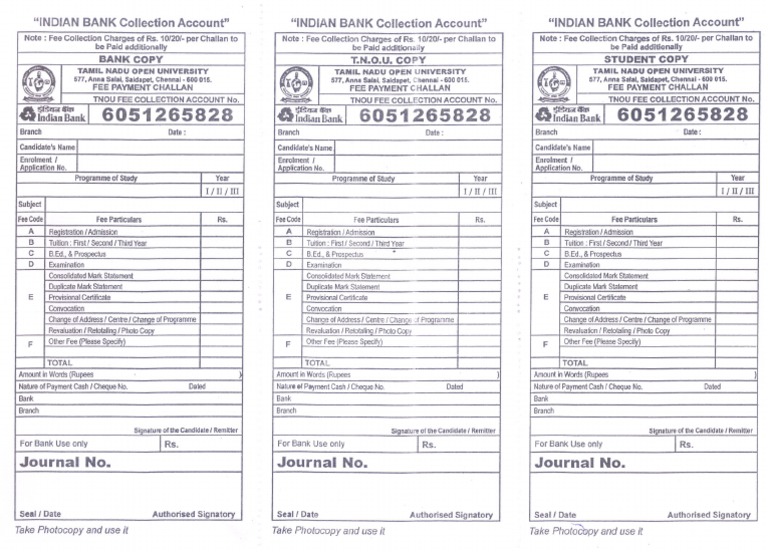 Indian Bank Challan | PDF | Fee | Cash