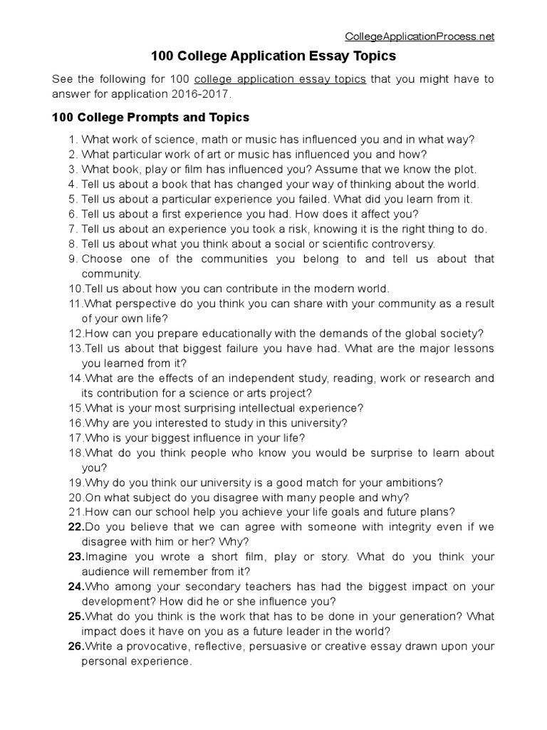 100 College Application Essay Topics | PDF | College Admissions In The ...