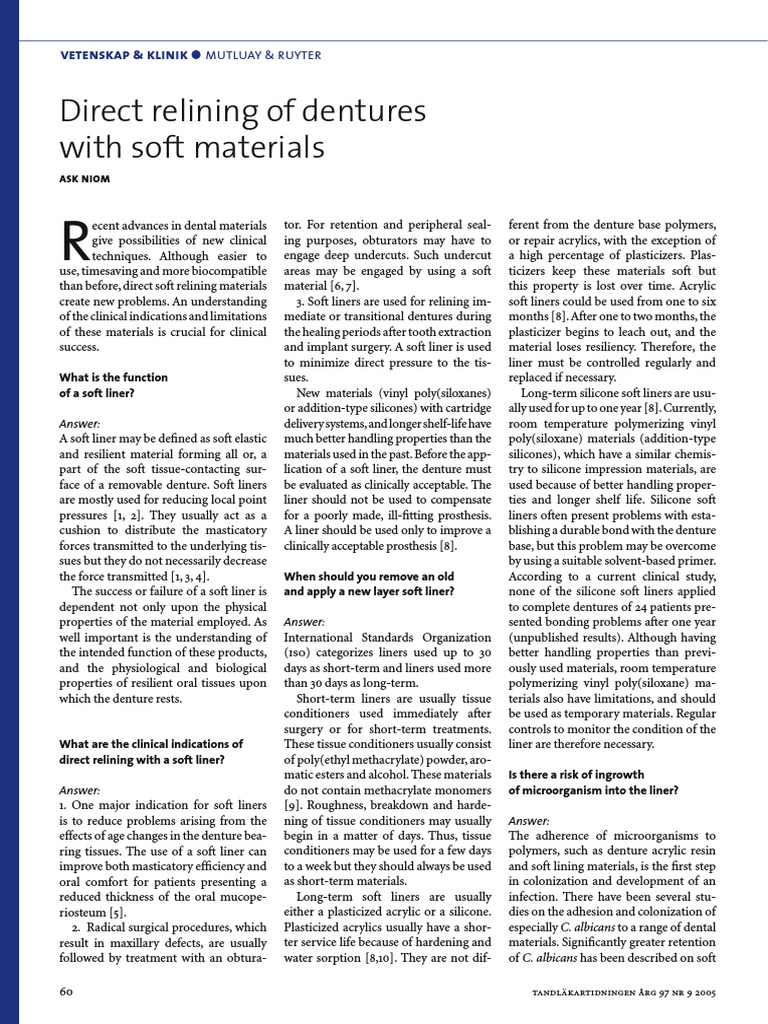 Direct Relining of Dentures With Soft Materials: Mutluay & Ruyter | PDF | Poly(Methyl ...
