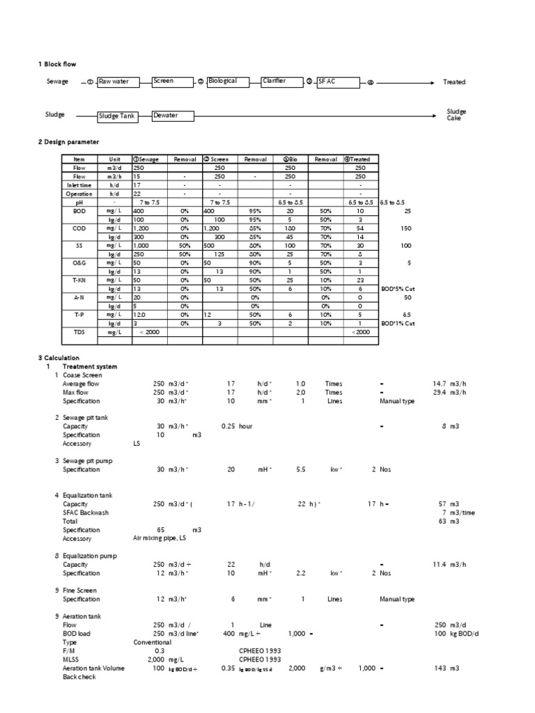 Sewage Treatment Plant Design Calculations | PDF