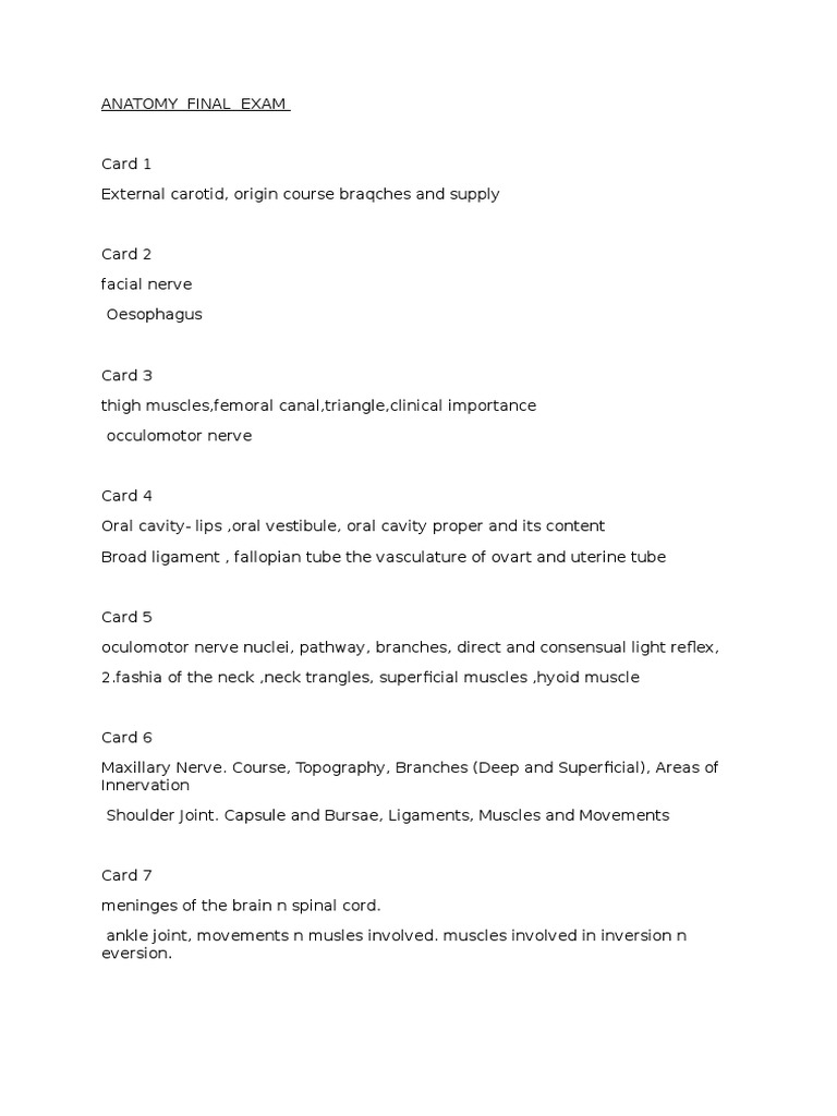 Anatomy Final Exam Viva Cards | PDF | Neck | Circulatory System