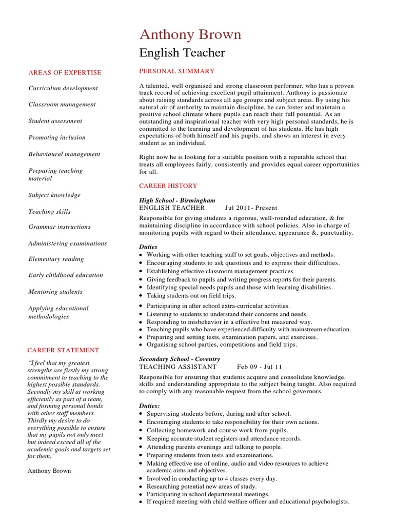 English Teacher Resume 1 | PDF | Teachers | Classroom Management