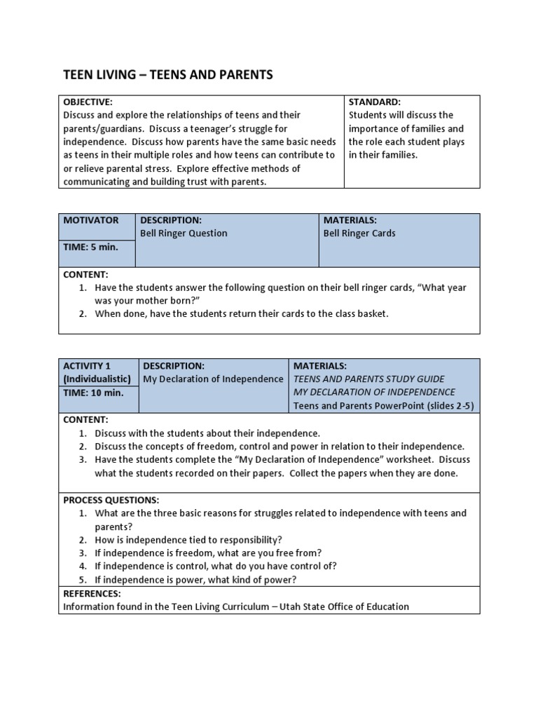 Teens and Parents Lesson Plan | PDF | Adolescence | Lesson Plan