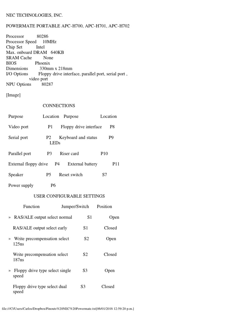 Pinouts NEC Powermate | PDF | Bios | Ibm Pc Compatibles