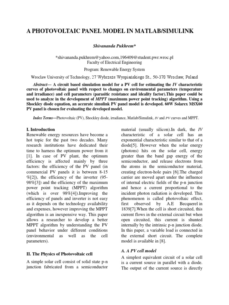 A Photovoltaic Panel Model in Matlab Simulink | Download Free PDF ...