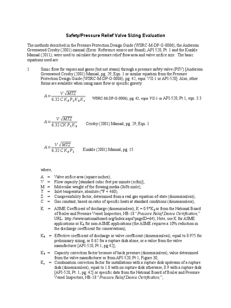 Safety Relief Valve Sizing Equations | PDF | Pressure | Gases